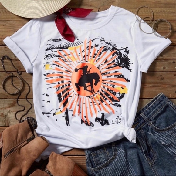 Tops | Nwt Western Cowgirl Riding Horse White Tee Shirt Multi Sizes ...